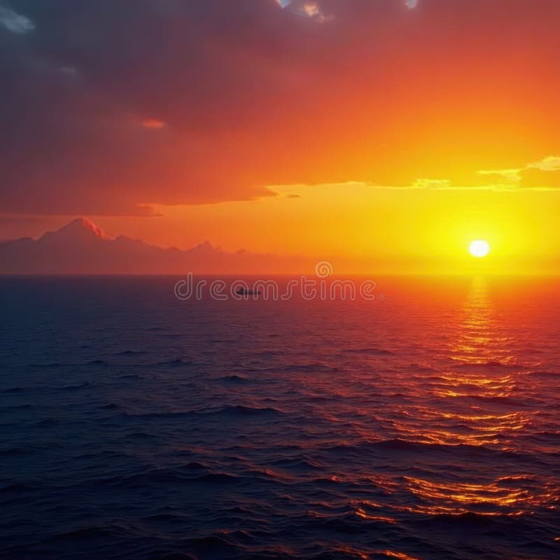 Sunset Over Vast Ocean, Lone Cargo Ship on Horizon, Twilight, Ocean ...