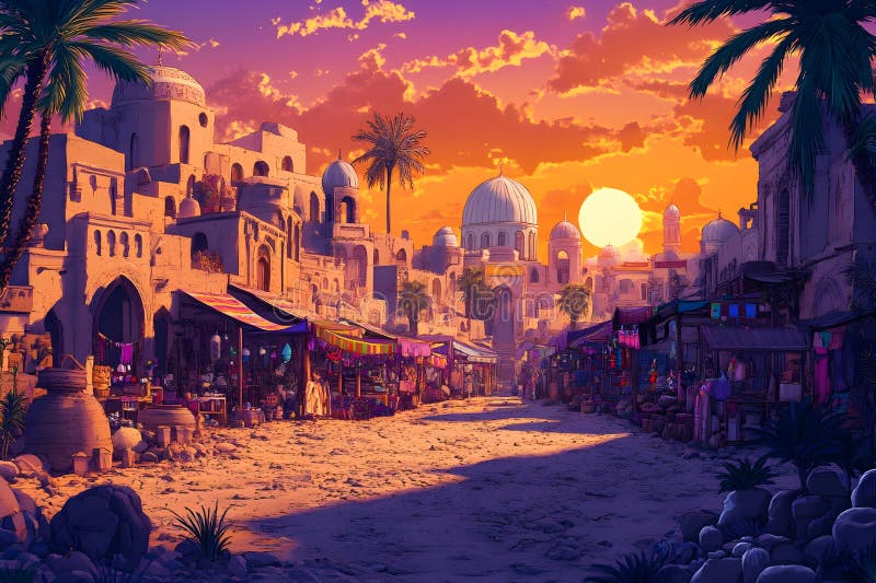 Sunset Over Vibrant Middle Eastern Bazaar with Domed Architecture and ...