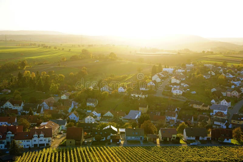Sunset over village stock photo. Image of view, houses - 91075824