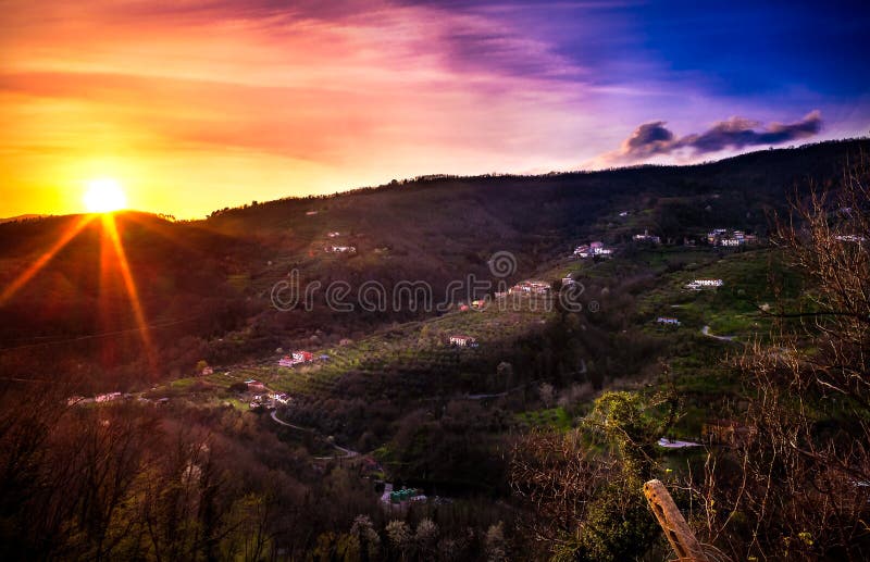 Sunset over the Village stock photo. Image of mist, road - 114872786