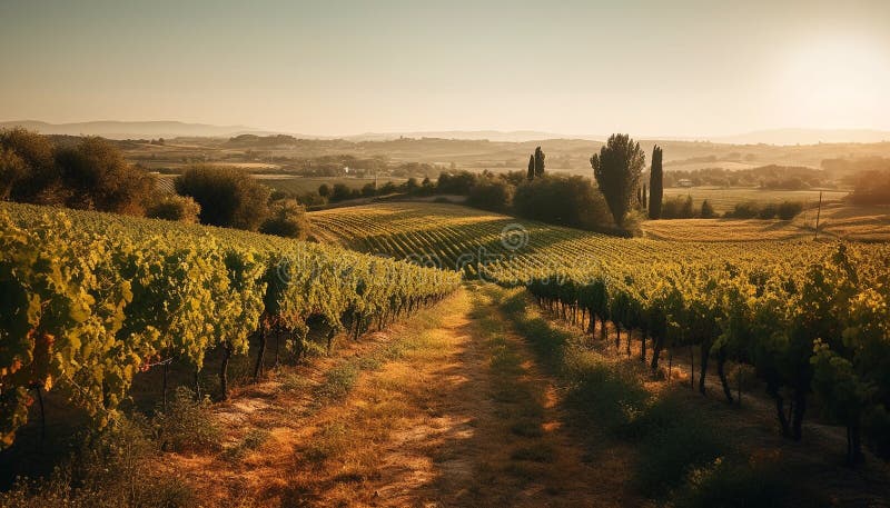 Sunset Over Vineyard, Italian Culture in Chianti Generated by AI Stock ...