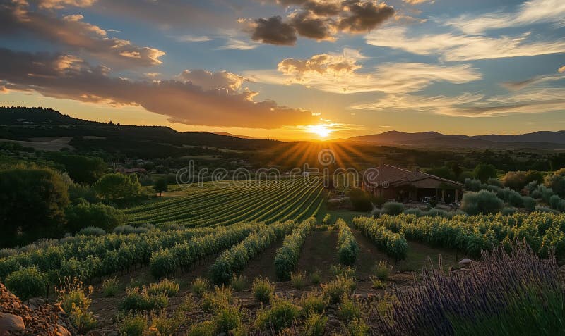 Sunset Over Vineyard Landscape Rows Grapevines Lush Greenery Distant ...