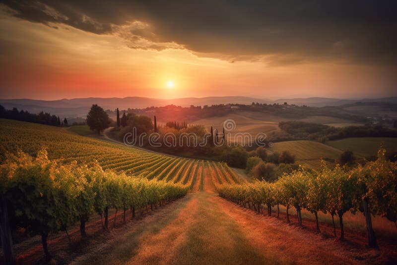 Sunset Over Vineyard in Tuscany. Generative AI Stock Photo - Image of ...