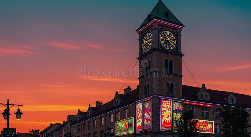 Sunset Over a Vintage Clock Tower with Illuminated Posters - Generated ...