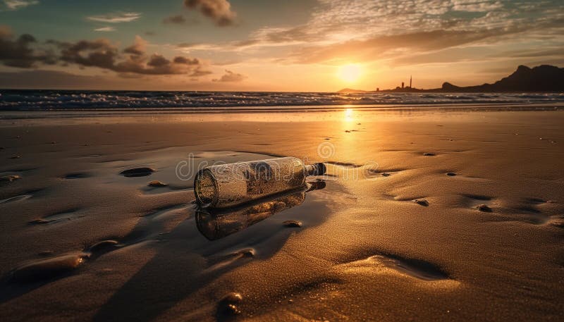 Sunset Over Water, Glass Bottle Reflects Beauty Generated by AI Stock ...
