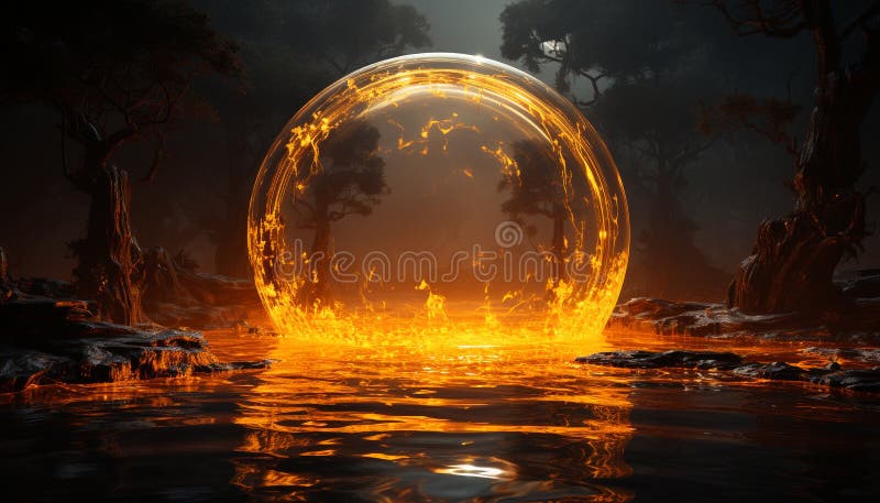 Sunset Over Water, Reflecting Waves, Creates a Glowing Sphere Generated ...