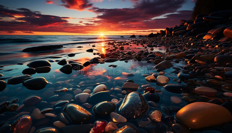 Sunset Over Water, Tranquil Scene, Vibrant Colors Reflect Beauty ...