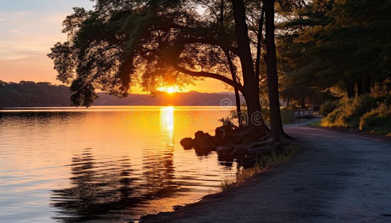 Sunset Over Water, Tree Silhouettes Create Tranquil Scene Generated by ...