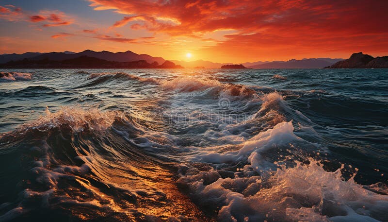 Sunset Over Water, Waves Crash on Sandy Shore Generated by AI Stock ...