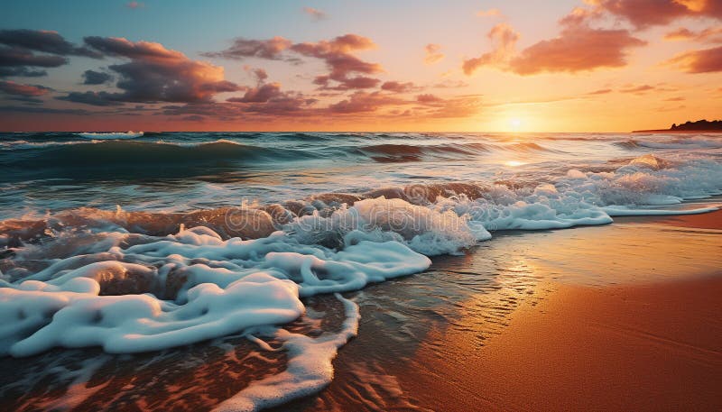 Sunset Over Water, Waves Crash on Sandy Shore Generated by AI Stock ...