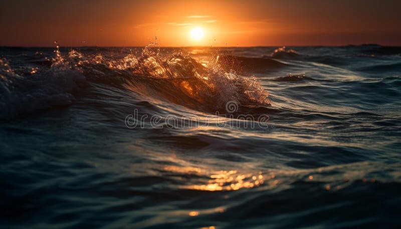 Sunset Over Water, Waves Splashing on Sand Generated by AI Stock ...