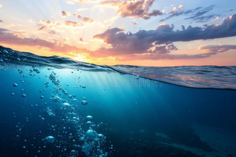 Sunset Over Waterline with Underwater and Sky Split in the Horizon ...