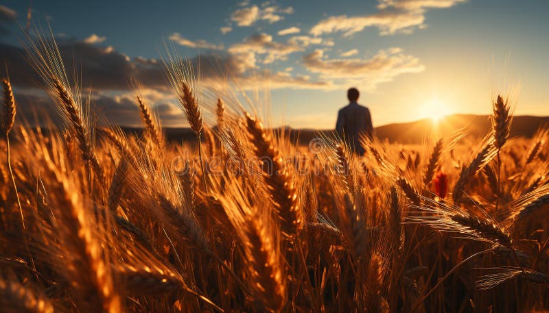 Sunset Over a Wheat Farm, Nature Golden Harvest Generated by AI Stock ...