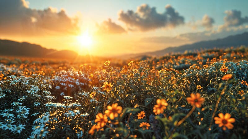 Sunset Over Wildflower Field Created with Generative AI Stock ...