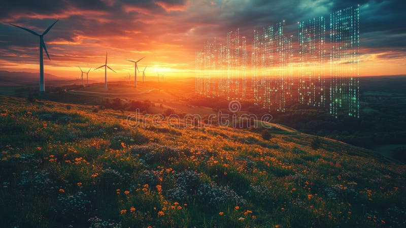 Sunset Over a Wind Farm with Digital Data Overlay Highlighting ...
