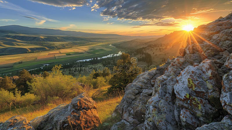 "Sunset Over Winding River and Mountain Range Stock Illustration ...