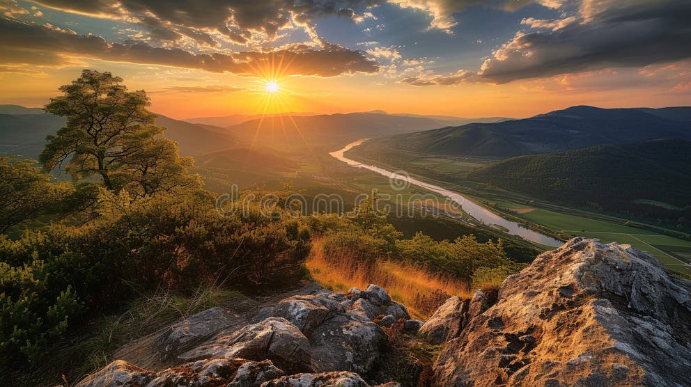 "Sunset Over Winding River and Mountain Range Stock Illustration ...