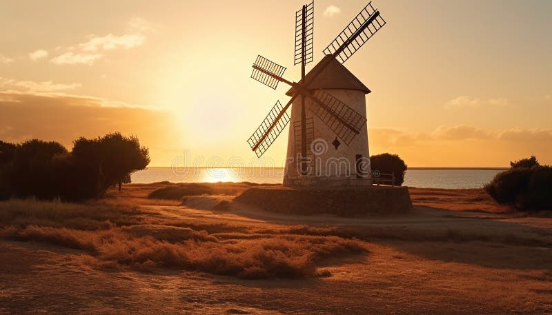 Sunset Over Windmill, Nature Beauty in Old Rural Landscape Generated by ...