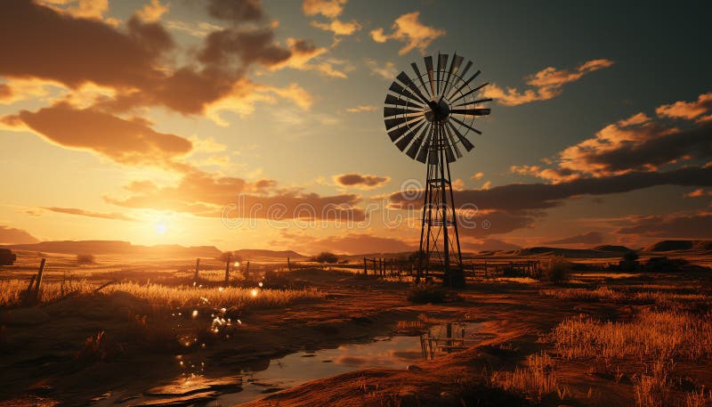 Sunset Over Windmill, Nature Power Generation in Motion Generated by AI Stock Illustration ...