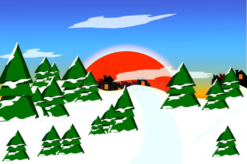 Sunset Over a Winter Forest. Cartoon Background Stock Illustration ...