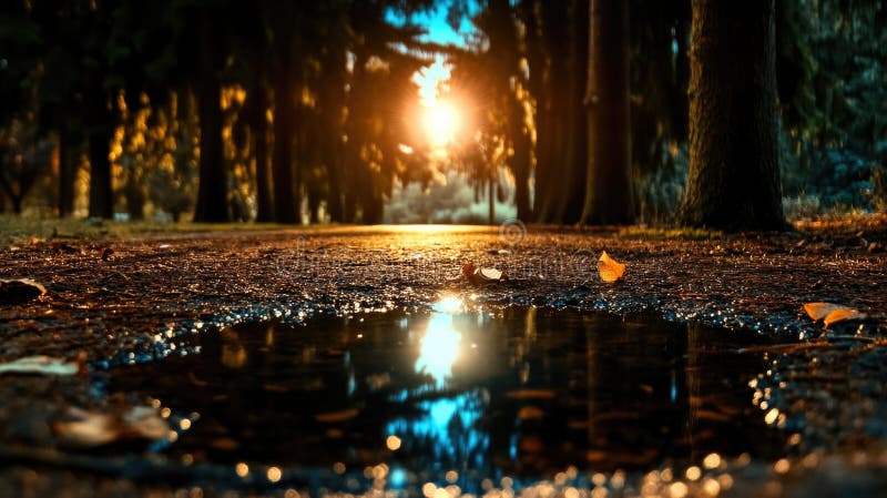 Sunset Over Woodland Path with Reflective Puddle and Fall Leaves Stock ...