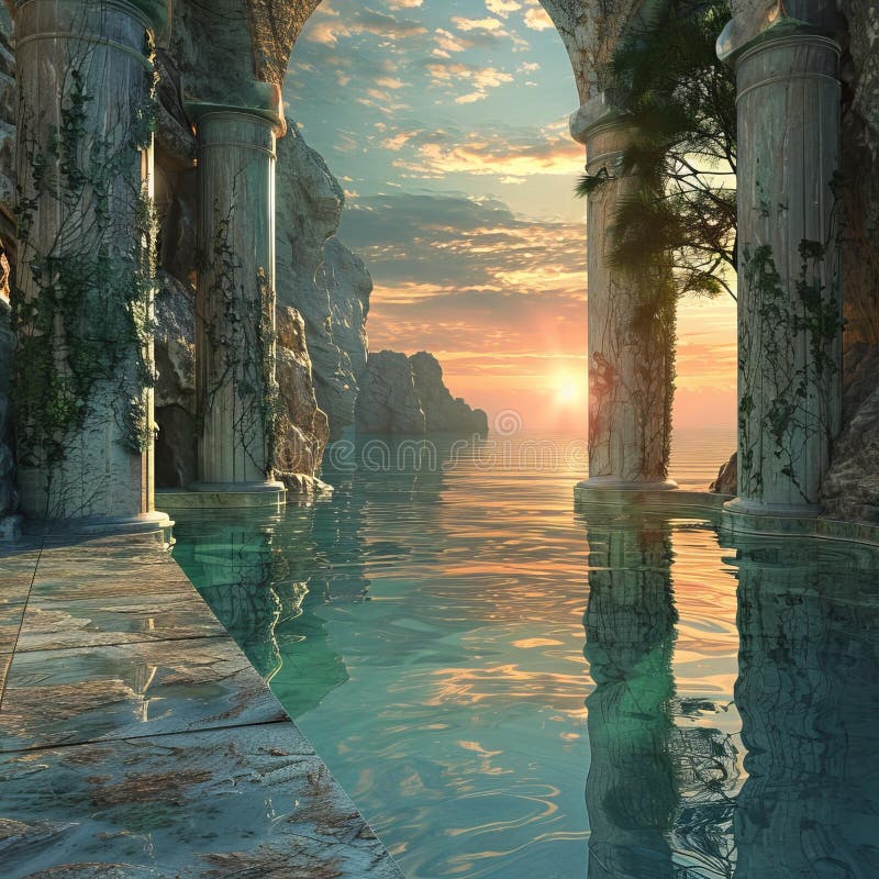 Sunset Overgrown Ruins in a Fantasy Landscape Generated Using AI. Stock ...