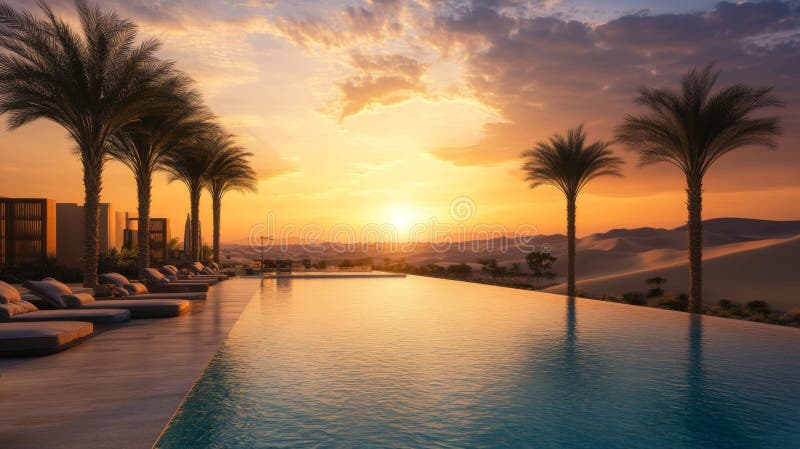 Sunset Overlooking Infinity Pool with Palm Trees and Desert Landscape ...