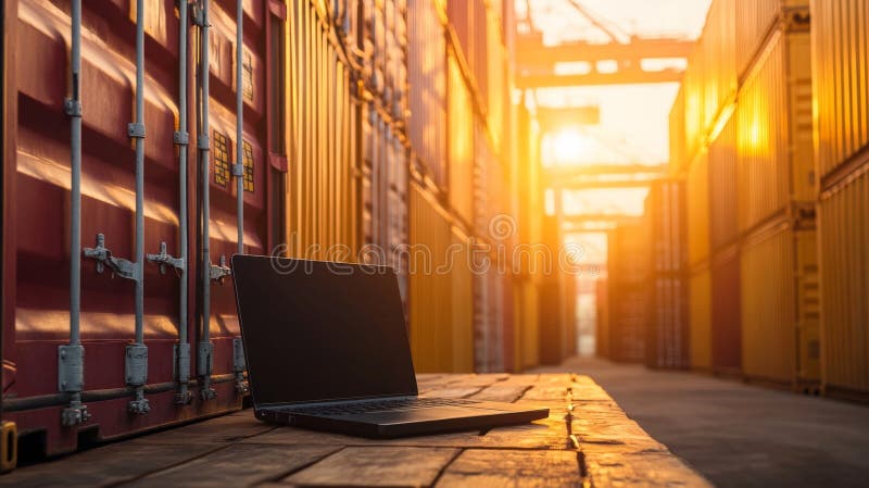 Sunset Overview of Empty Laptop on Wooden Table in Container Yard Stock ...