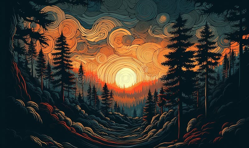 Sunset Painting in Fairy Tale Dramatic Forest in Vector Art Style. AI ...