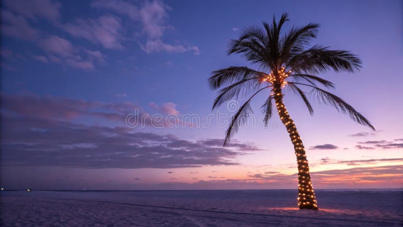 Sunset Palm Tree with Lights Tropical Holiday Scene, Beach, Christmas Lights,Palm Tree, Holiday ...