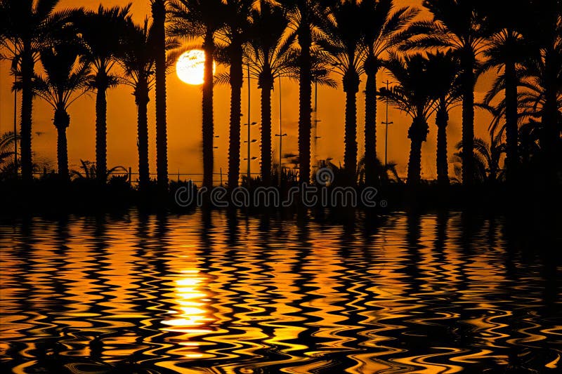 A Sunset with Palm Trees and Water Stock Photo - Image of water ...