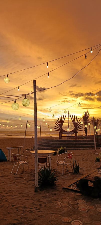 Sunset in Pangandaran Resto and Beach Bar Stock Photo - Image of dawn ...