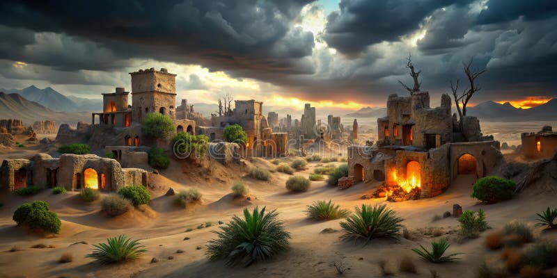 A Sunset Panorama of Ancient Ruins in a Desolate Desert Landscape ...