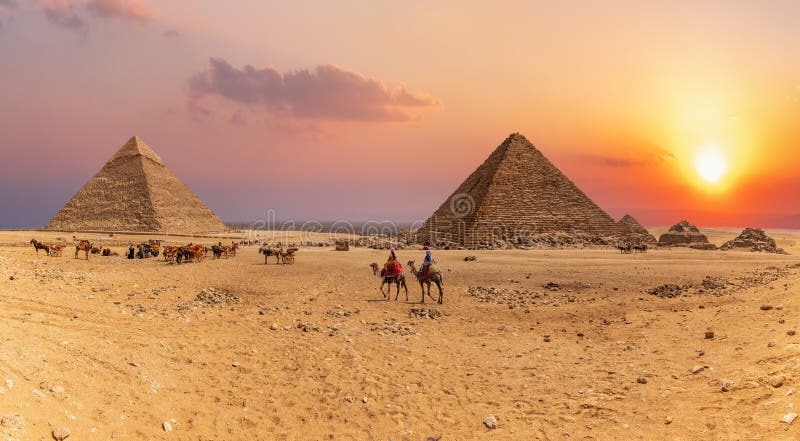 Sunset Panorama of the Great Pyramids of Giza, Egypt Stock Photo ...