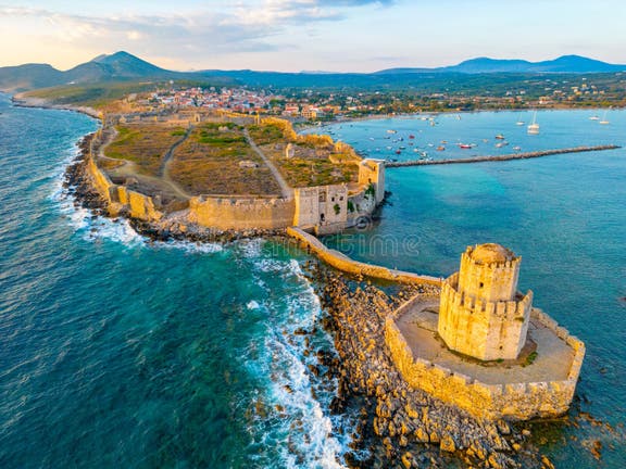 Sunset Panorama of Methoni Castle in Greece Stock Image - Image of ...