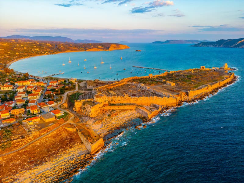 Sunset Panorama of Methoni Castle in Greece Stock Photo - Image of dusk ...