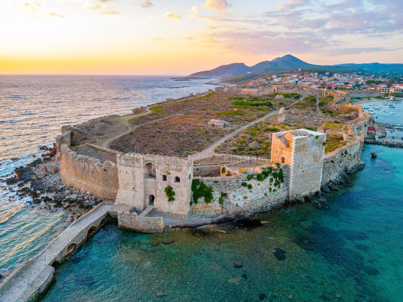 Sunset Panorama of Methoni Castle in Greece Stock Photo - Image of town ...