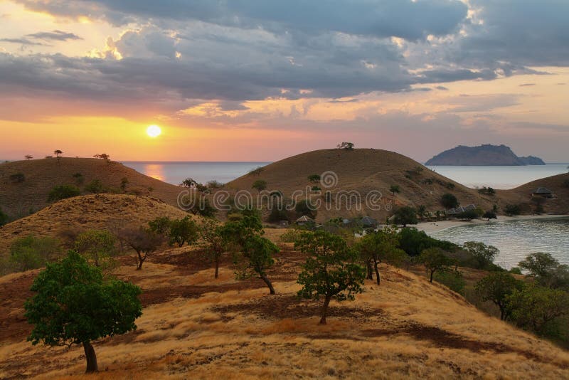 Sunset Panorama on Tropical Seraya Island Stock Photo - Image of rays ...