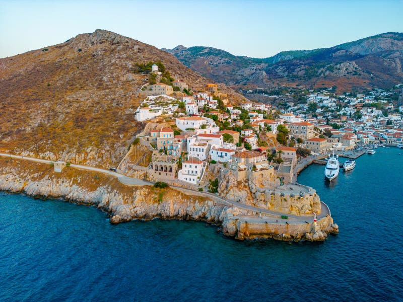 Sunset Panorama View of Hydra Town in Greece Stock Photo - Image of ...