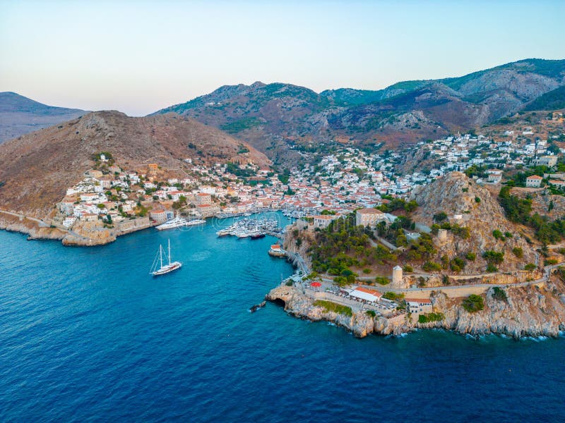 Sunset Panorama View of Hydra Town in Greece Stock Image - Image of ...