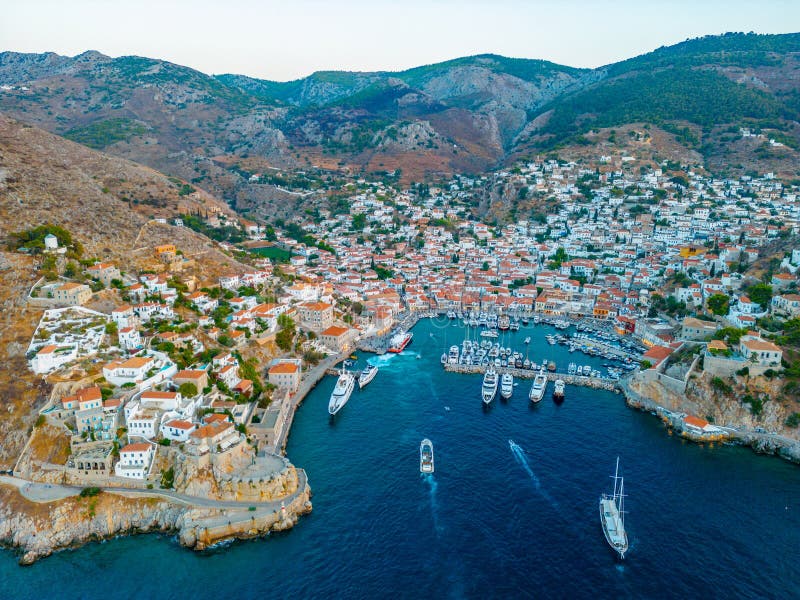 Sunset Panorama View of Hydra Town in Greece Stock Image - Image of ...