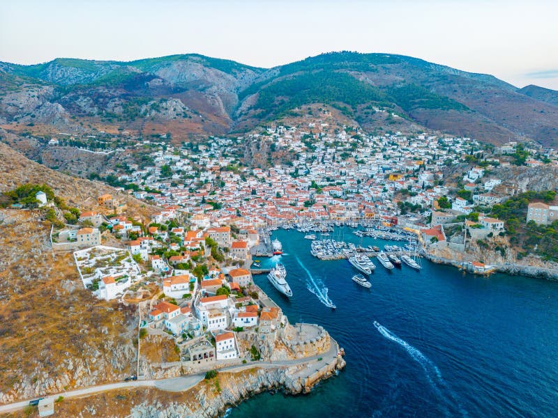 Sunset Panorama View of Hydra Town in Greece Stock Photo - Image of ...