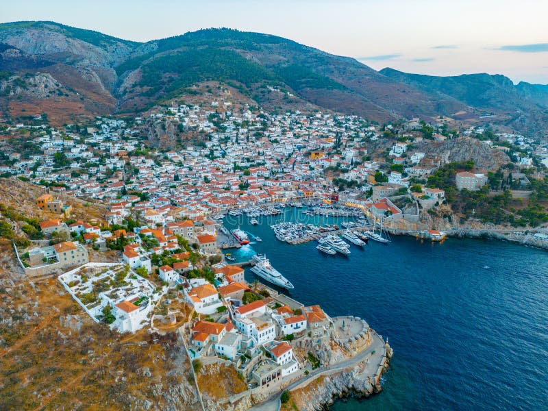 Sunset Panorama View of Hydra Town in Greece Stock Image - Image of ...