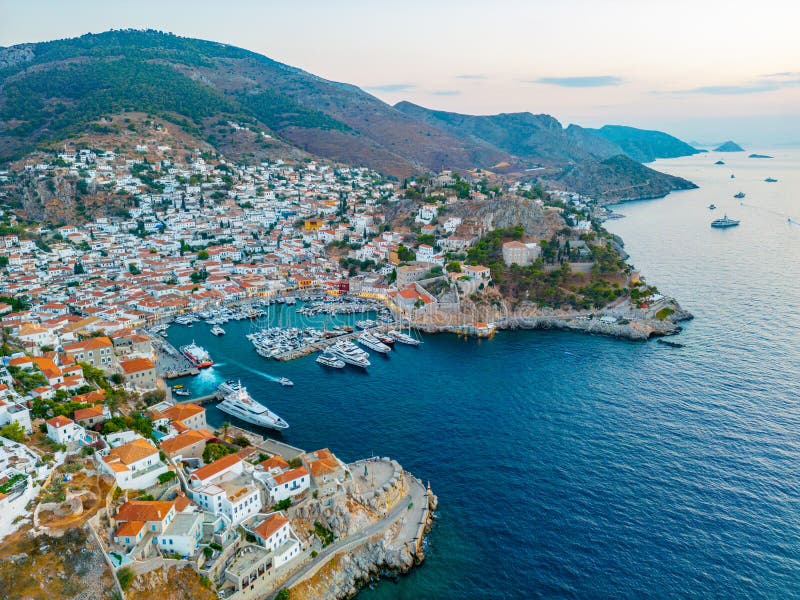 Sunset Panorama View of Hydra Town in Greece Stock Image - Image of ...