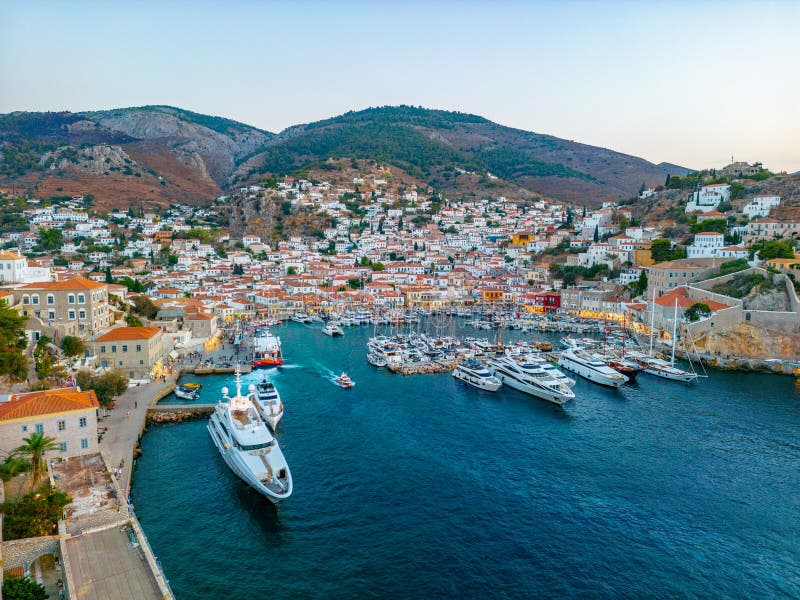 Sunset Panorama View of Hydra Town in Greece Stock Photo - Image of ...