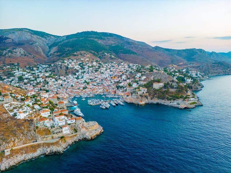 Sunset Panorama View of Hydra Town in Greece Stock Image - Image of ...