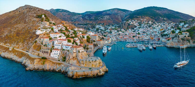 Sunset Panorama View of Hydra Town in Greece Stock Photo - Image of ...