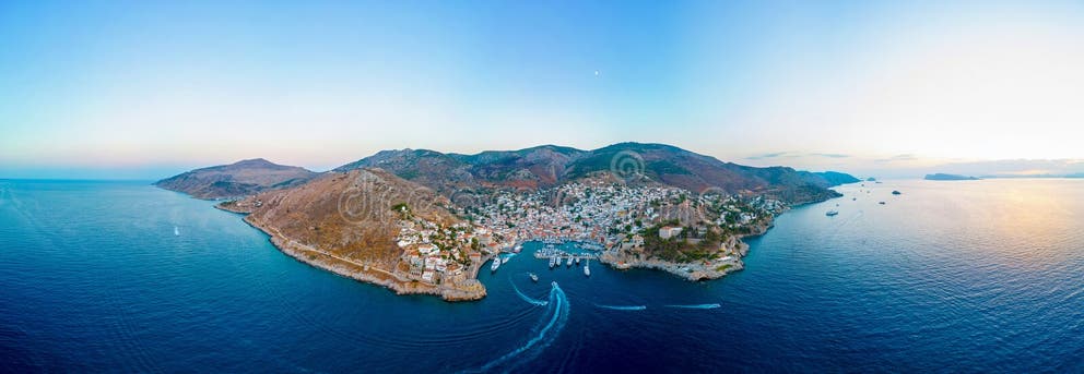 Sunset Panorama View of Hydra Town in Greece Stock Photo - Image of ...