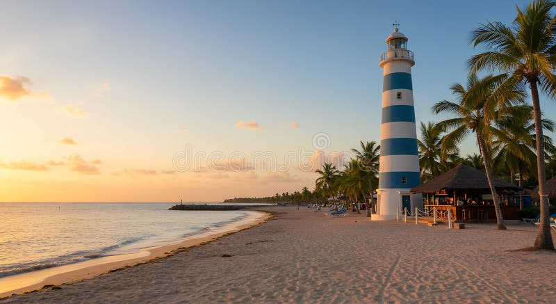 Sunset Paradise: Beach Lighthouse, Palm Trees, Caribbean Getaway Stock ...