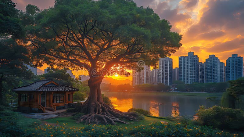 Sunset Park Tree House City Serene Landscape Stock Illustration ...